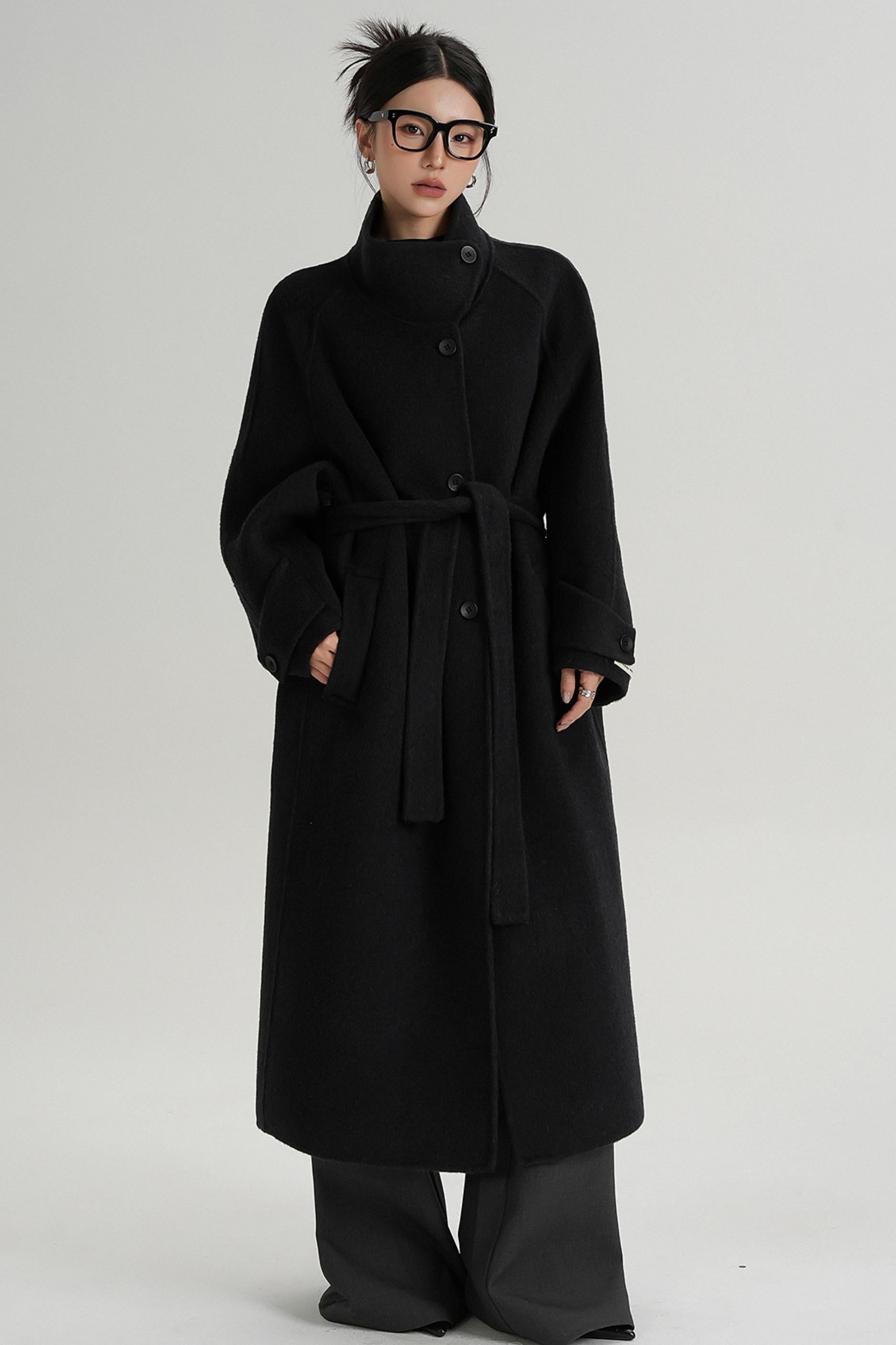 Temperament Diagonal Buckle Wool Coat – UrbanSheek