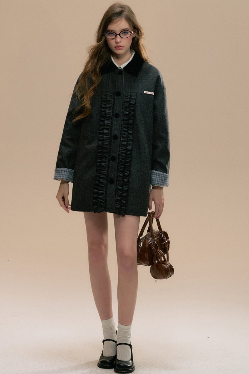 Fungus-Trimmed Dark Gray Tweed Coat – UrbanSheek