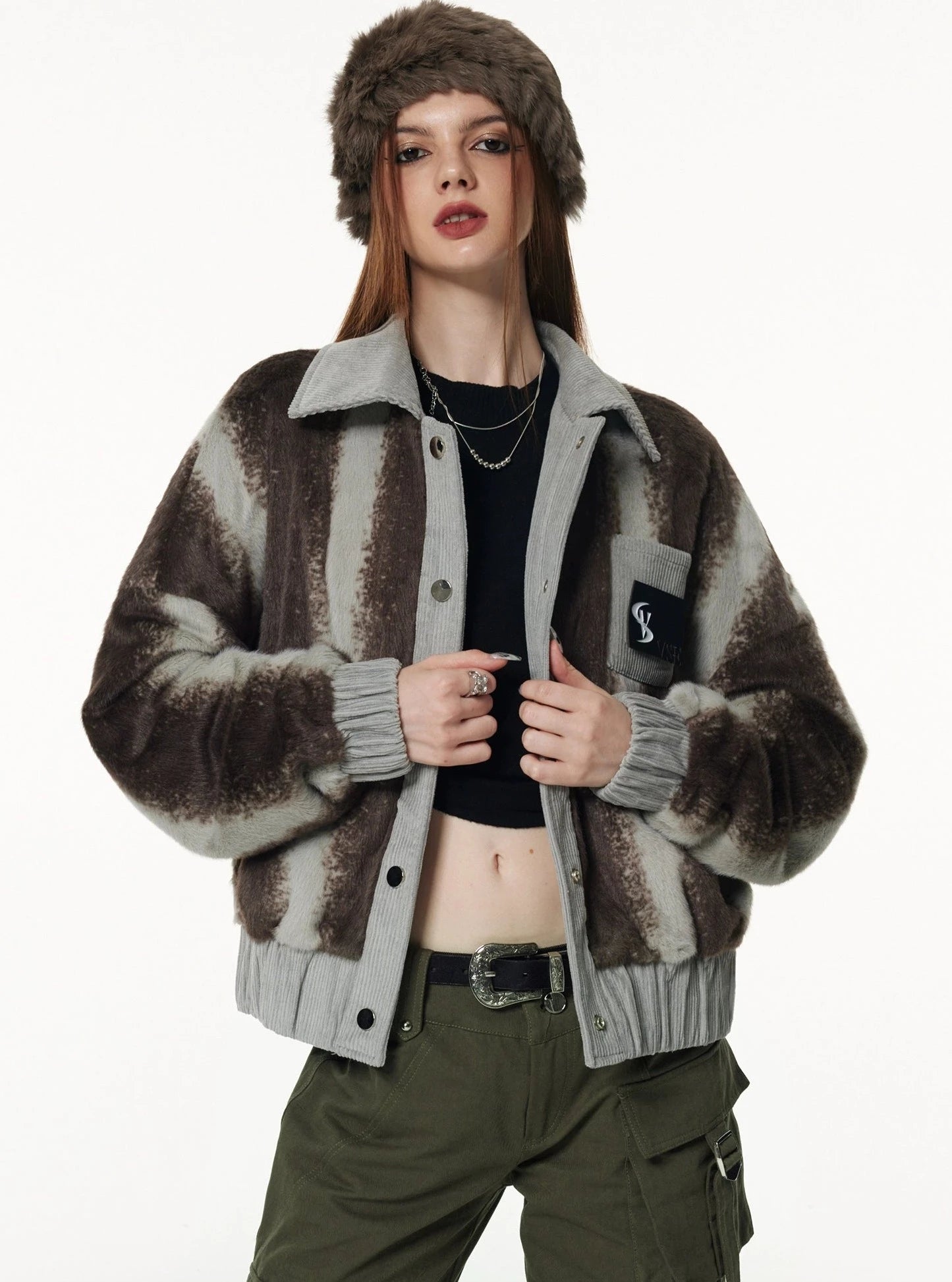 Color smudged striped plush Jacket – UrbanSheek