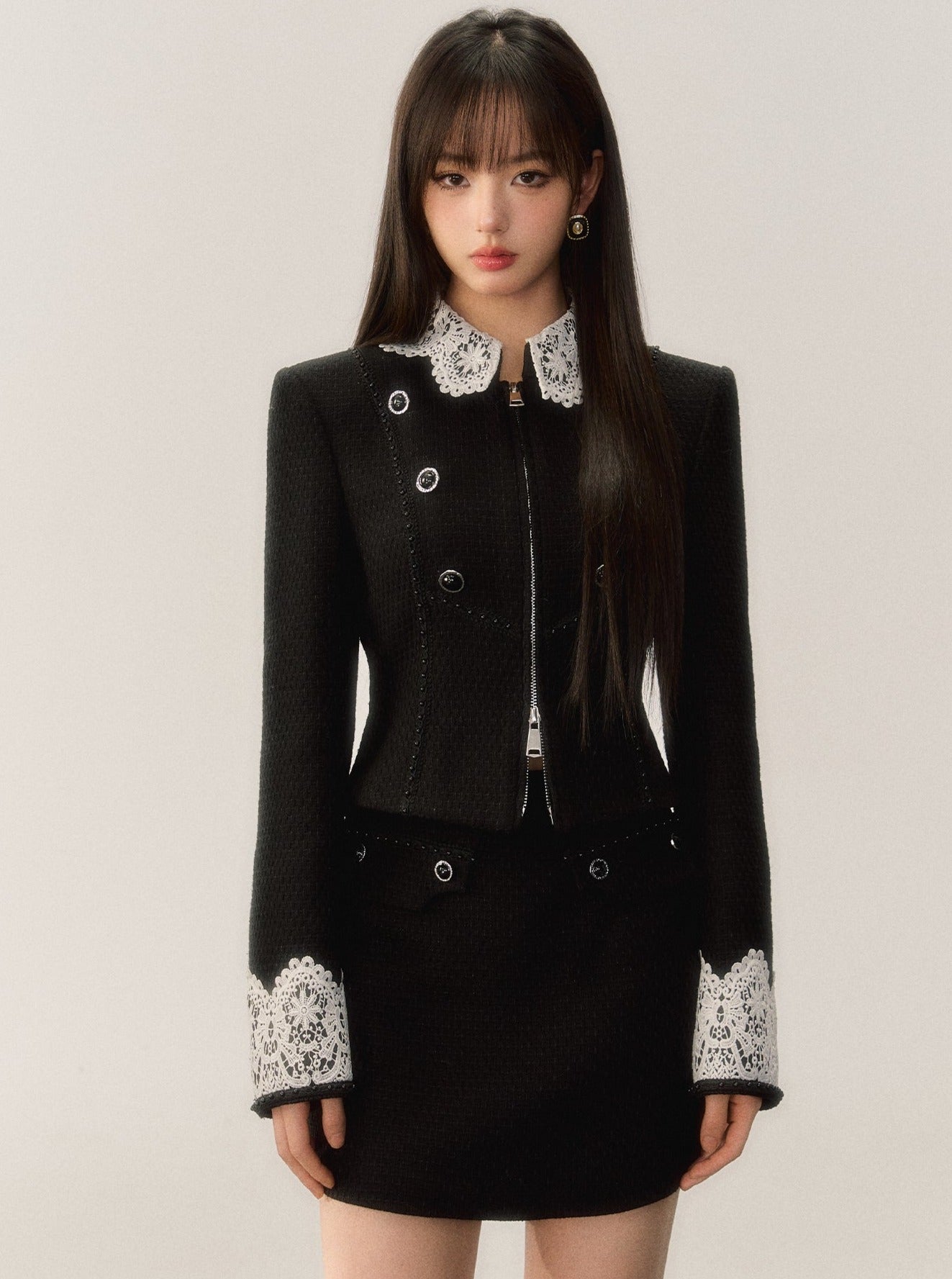 French black and white lace collar short coat set – UrbanSheek