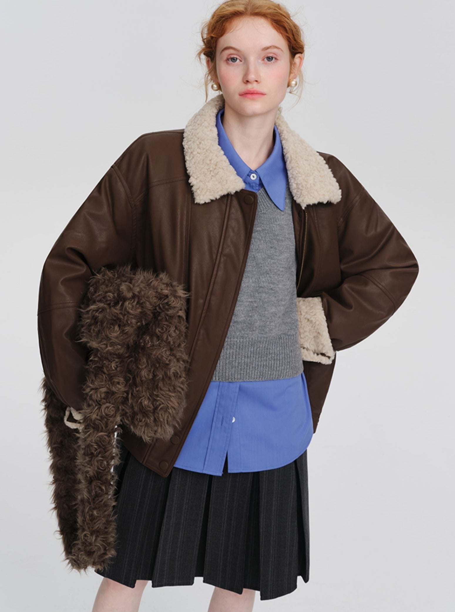 PU fur collar stitching loose leather jacket – UrbanSheek