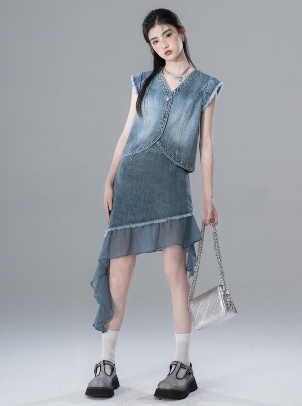 Trendy Patchwork Streamer Denim Set – UrbanSheek