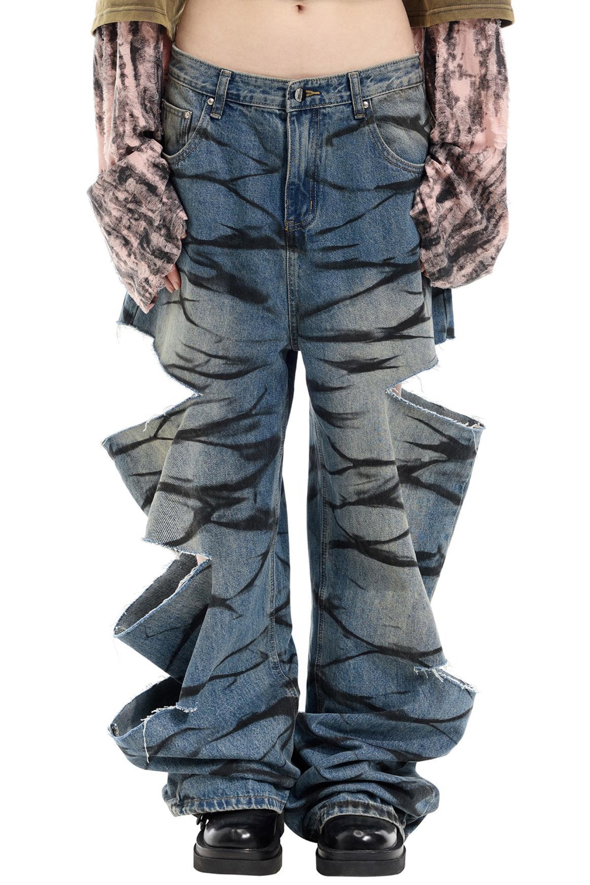 Graffiti Layered Distressed Jeans – UrbanSheek